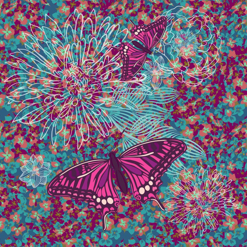 Seamless Pattern with Small Flowers. Purple Butterflies. Vector ...