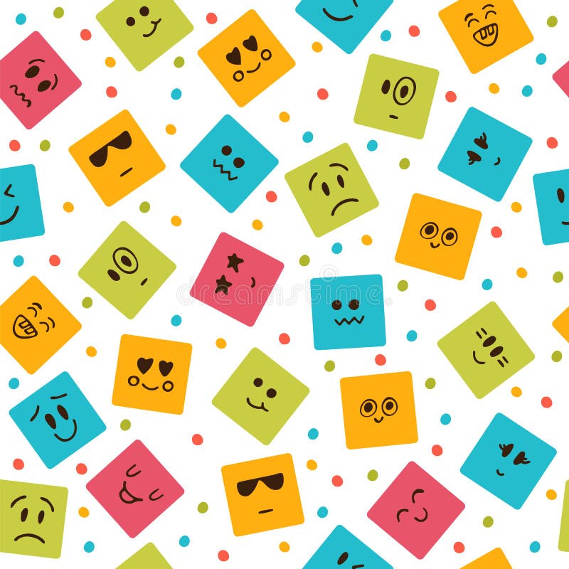 Seamless Pattern with Smiley Squares. Cute Cartoon Characters Stock ...