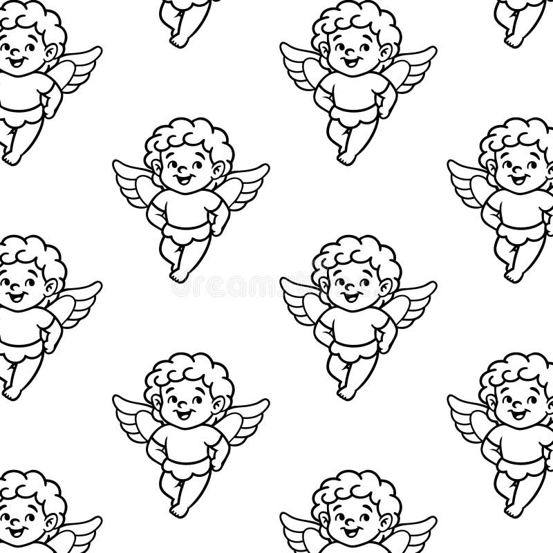 Seamless Pattern, Smiling Cherub with Angel Wings in Black and White ...