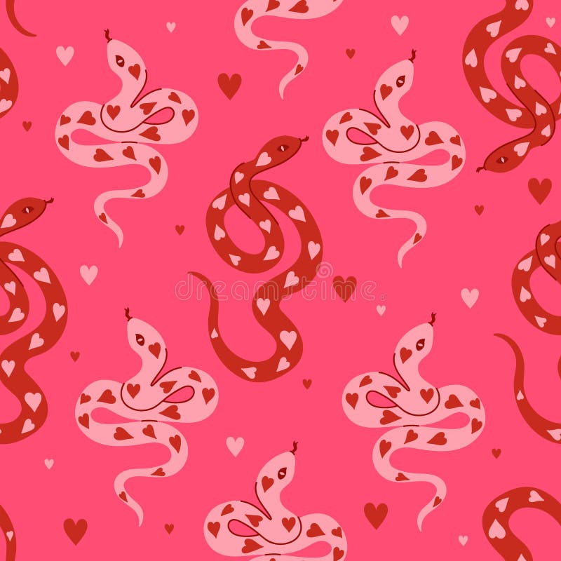 Seamless Pattern of Snakes with Hearts in Pink-red Colors. Vector ...