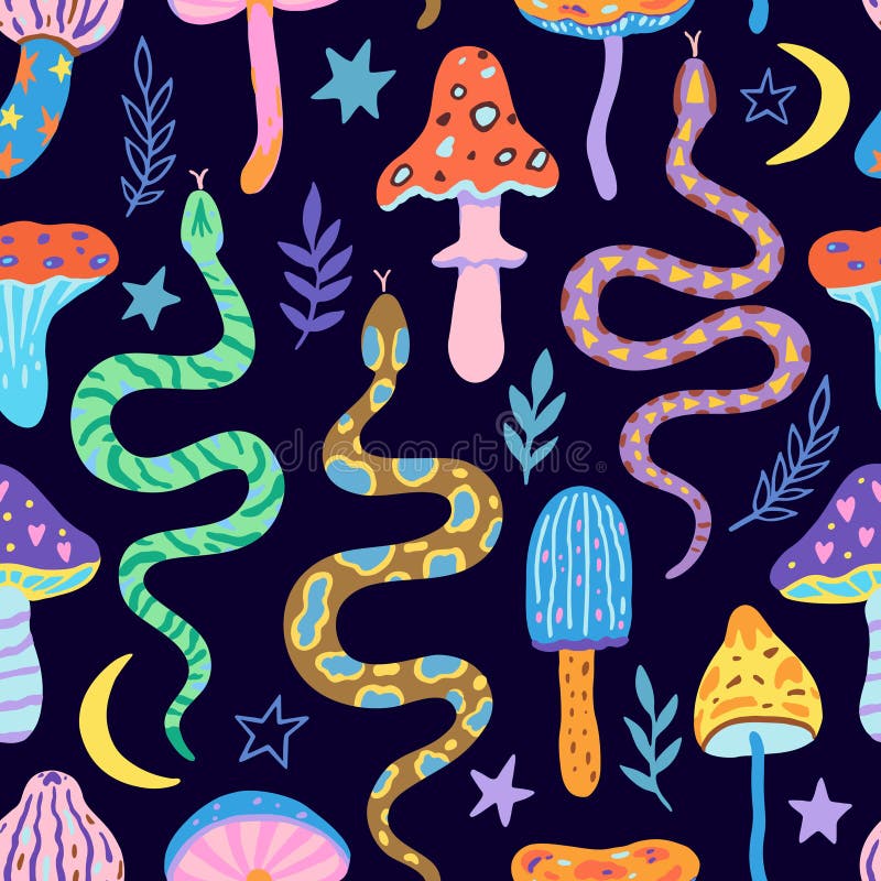 Seamless Pattern with Snakes and Magic Mushrooms. Vector Illustration ...