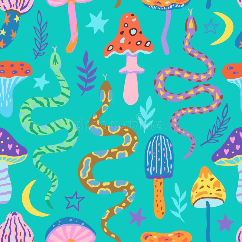 Seamless Pattern with Snakes and Magic Mushrooms. Vector Illustration ...