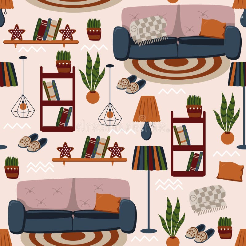 Seamless Pattern with Sofa and Bookshelves - Vector Illustration, Eps ...