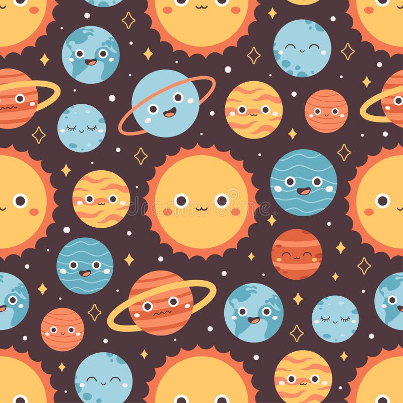 Seamless Pattern with Solar System and Space. Trendy Groovy Cartoon ...