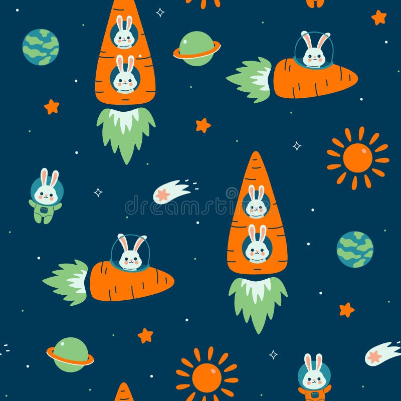 Seamless Pattern with Space Bunnies in Carrot Spaceships. Vector ...
