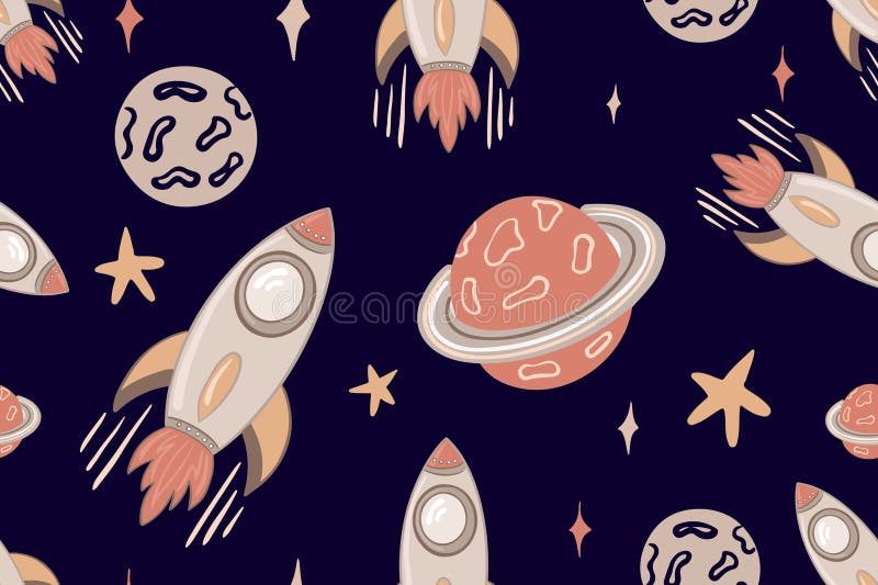 Seamless Pattern of Space Elements Cartoon Design Space Rockets Planets ...
