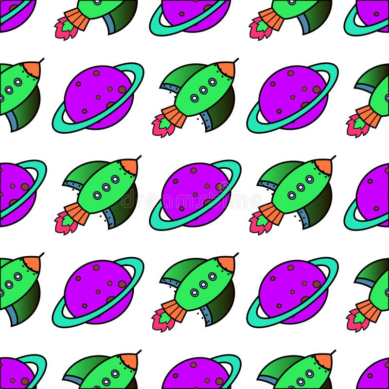Seamless Pattern with Space Elements, Rockets and Planets Stock Vector ...