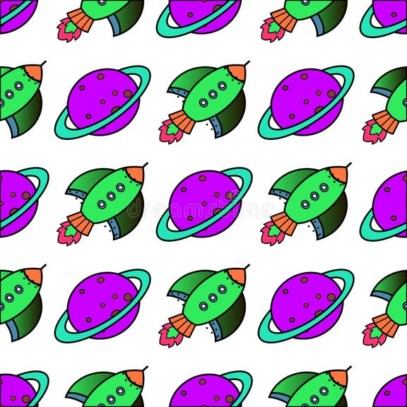 Seamless Pattern with Space Elements, Rockets and Planets Stock Vector - Illustration of ...