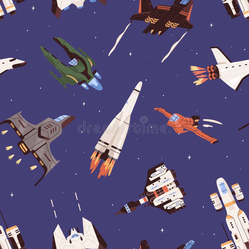 Seamless Pattern with Spaceships and Rockets in Space. Endless ...