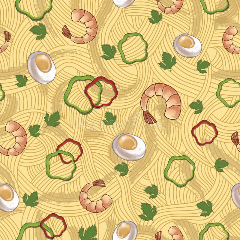 Seamless Pattern, Spaghetti with Shrimp Stock Vector - Illustration of ...