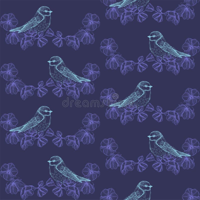 Seamless Pattern with Sparrow Birds Sitting on Blossom Tree Branches ...