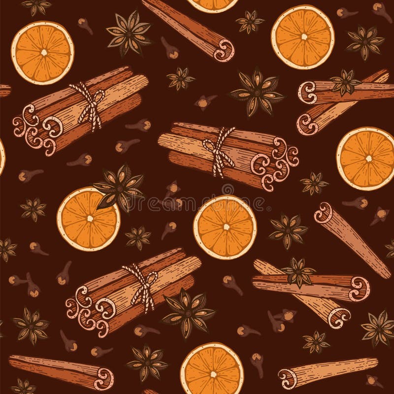 Seamless Pattern with Spices Cinnamon, Cloves, Badyan, Orange. Stock ...