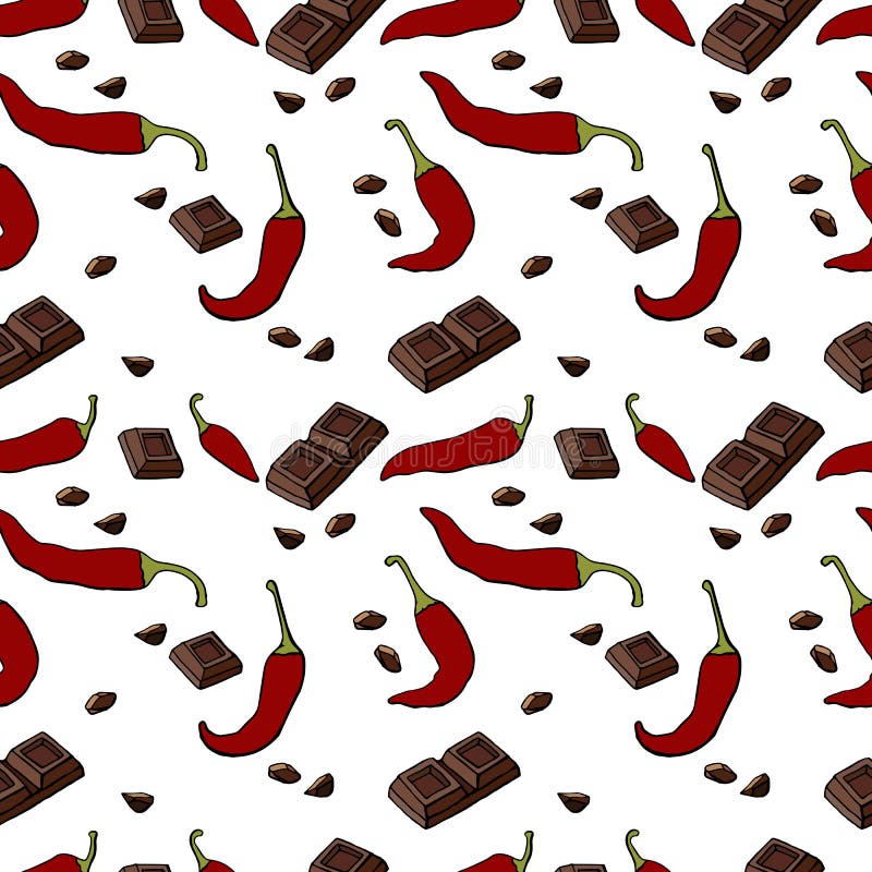 Seamless Pattern with Spicy Pepper and Chocolate, Hand Drawn Elements ...
