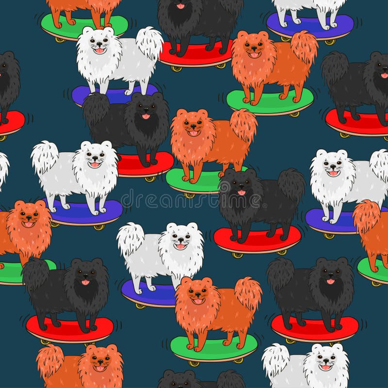 Seamless Pattern with Spitz Dogs Skateboarding. Vector Graphics Stock ...