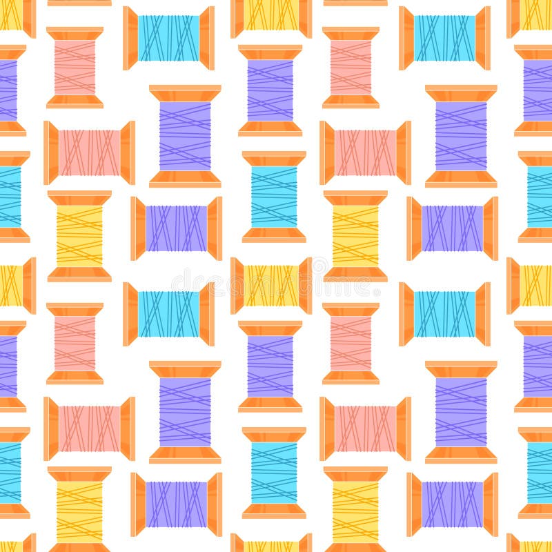 Seamless Pattern Spools Of Thread In Different Colors On A White