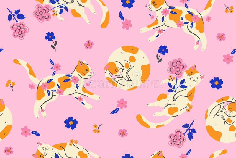 Seamless Pattern with Spotted Cats and Flowers. Vector Graphics Stock ...