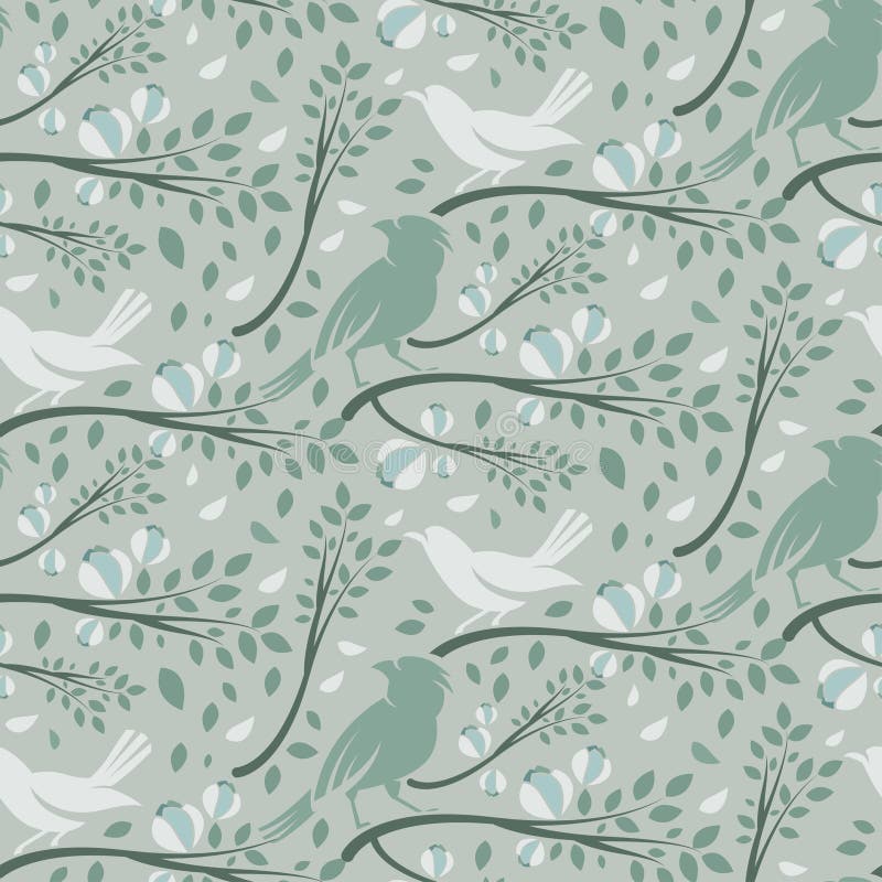 Seamless Pattern Spring Birds Branches Leaves Flo Stock Illustrations ...