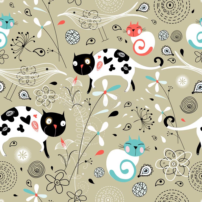 Seamless Pattern of the Cats and Fish with Mice Stock Vector ...