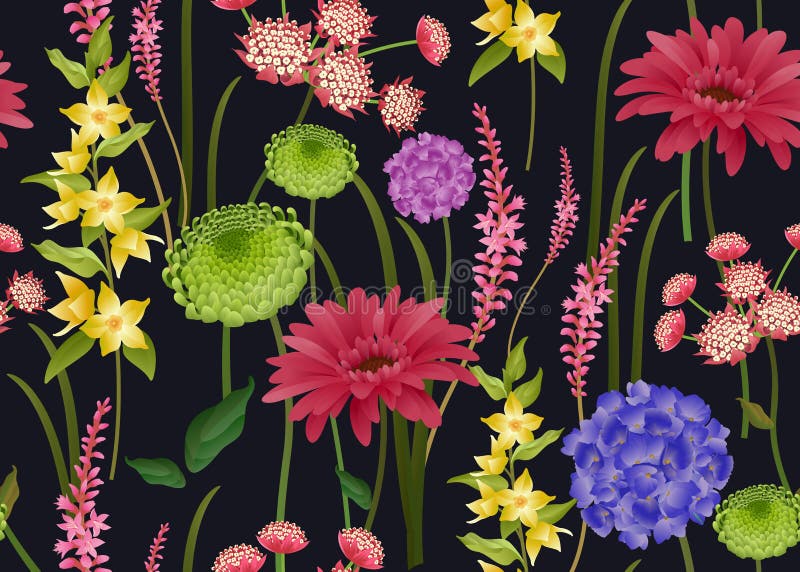 Seamless Pattern with Spring Flowers on Black Background Stock Vector ...