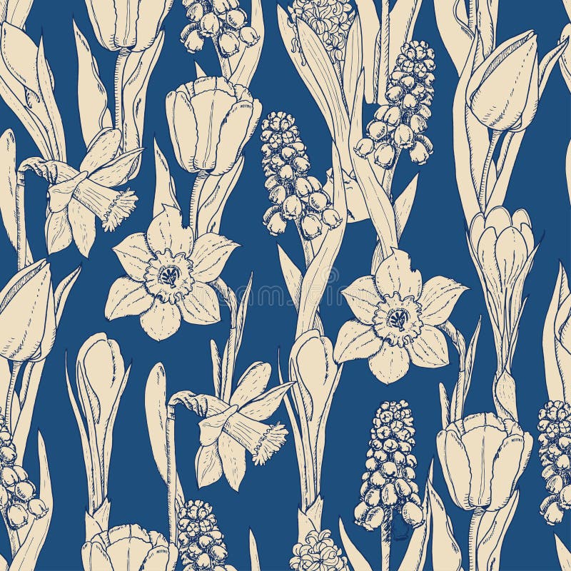 Seamless Pattern with Spring Flowers on a Blue Background Stock Vector ...