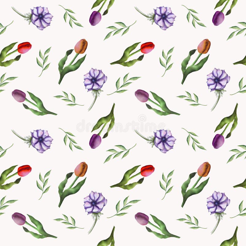 Seamless Pattern with Spring Flowers, Digital, Hand-drawn Stock ...