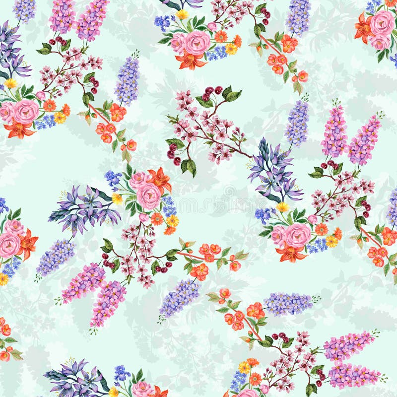 Seamless Pattern with Spring Flowers and Leaves. Stock Illustration ...