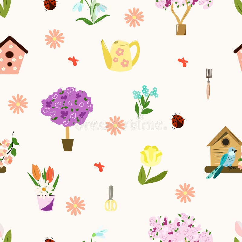 Seamless Pattern with Spring and Garden Theme Stock Vector ...