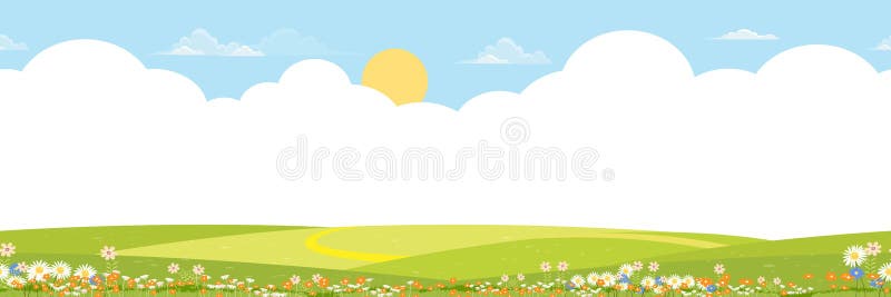 Seamless Pattern Spring Green Fields Landscape with Clouds on Blue Sky ...