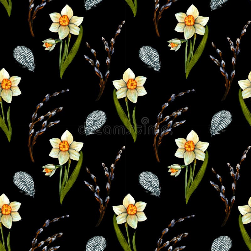 Seamless Pattern. Spring Watercolor Flowers Daffodils, Branches Willow ...
