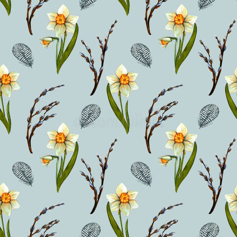 Seamless Pattern. Spring Watercolor Flowers Daffodils, Branches Willow ...