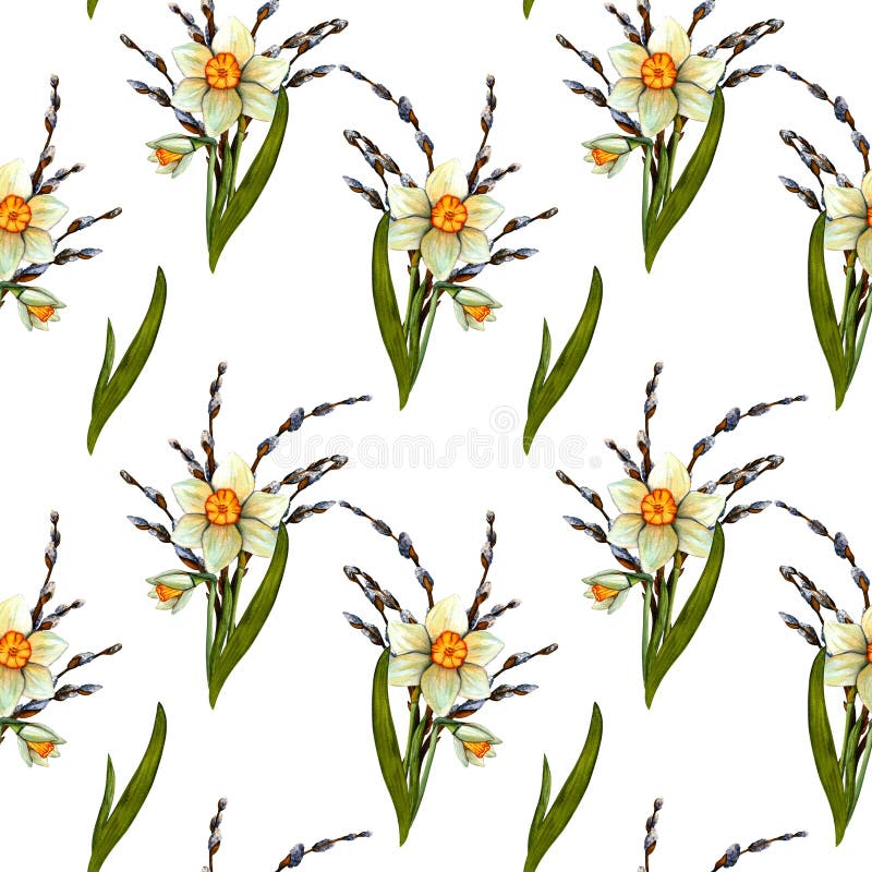 Seamless Pattern. Spring Watercolor Flowers Daffodils, Branches Willow ...