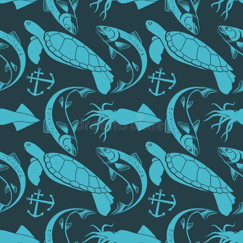 Seamless Pattern with Squid, Salmon Fish and Sea Turtle Stock ...