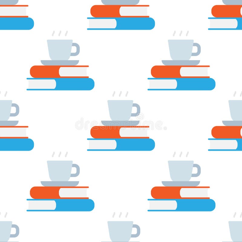 Seamless Pattern, Stack of Books with a Cup of Hot Coffee or Tea. Books Pile and Hot Drink Cup ...