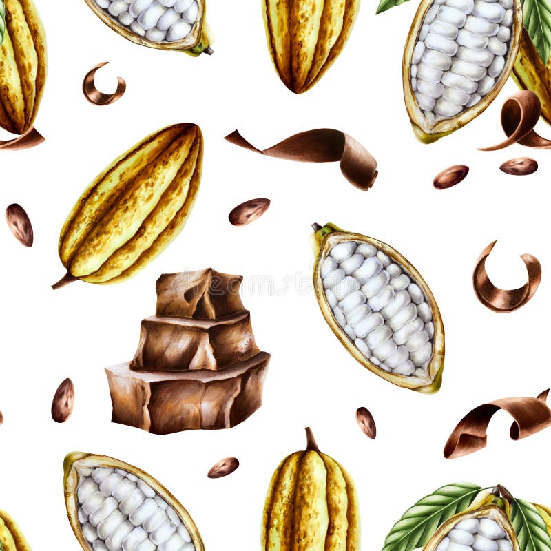 Seamless Pattern with Stack Pieces of Chocolate, Open Cocoa Pod, Fruit ...