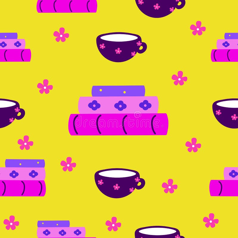 Seamless Pattern of Stacks of Books and Cups of Milk. Reading Time ...