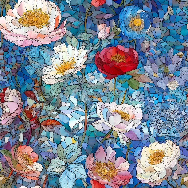 Seamless Pattern with Stained-glass Mosaic Flowers on Blue Background ...