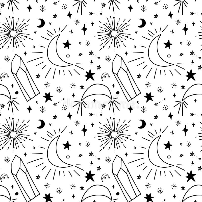 Seamless Pattern with Stars, Crystals and Sparkling Crescents. Delicate ...