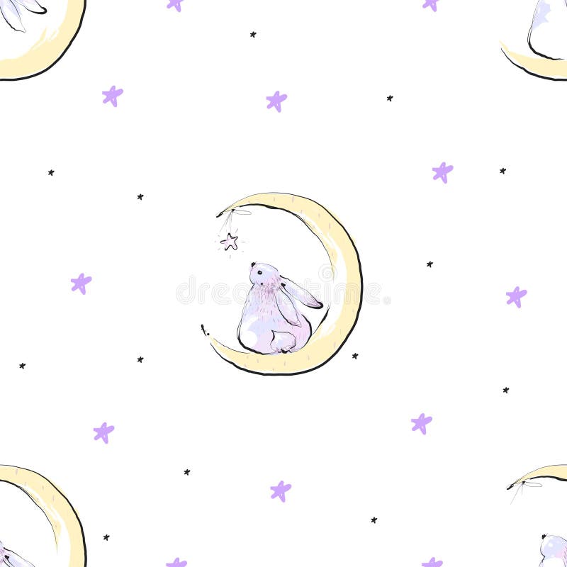 Seamless Pattern with Stars and Cute Bunny on the Moon Stock Vector ...