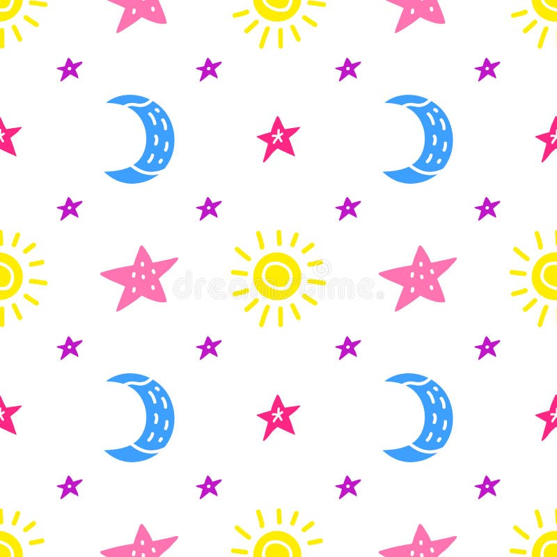 Seamless Pattern with Stars, Moon and Sun. Stock Vector - Illustration ...
