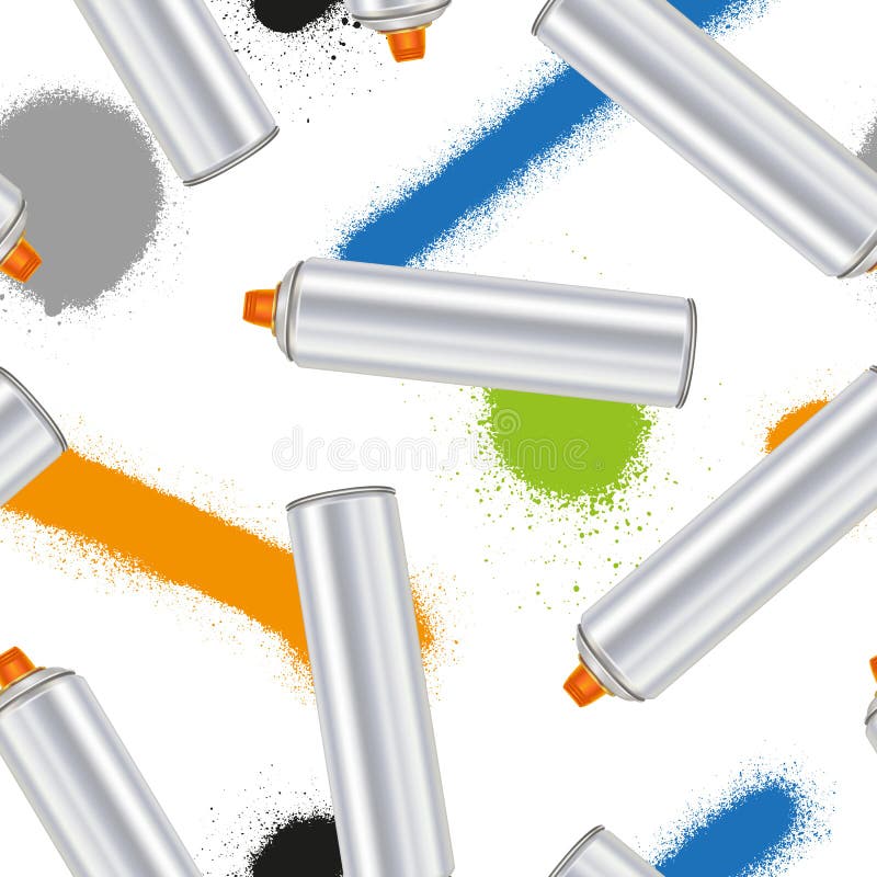 Seamless Pattern of Steel Spray Cans and Color Spray Paint on a White ...