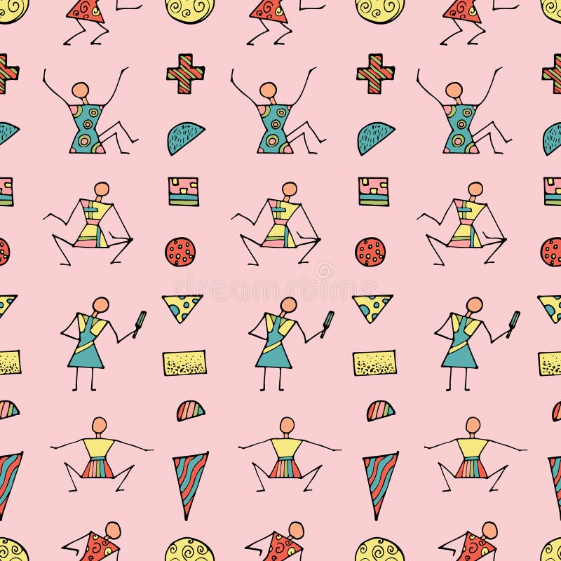 Seamless Pattern Of Stick Figures. Includes Small Geometric Elements ...