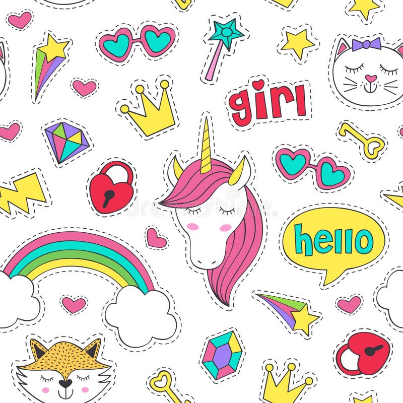 Seamless Pattern with Stickers for Girl Editorial Photo - Illustration ...