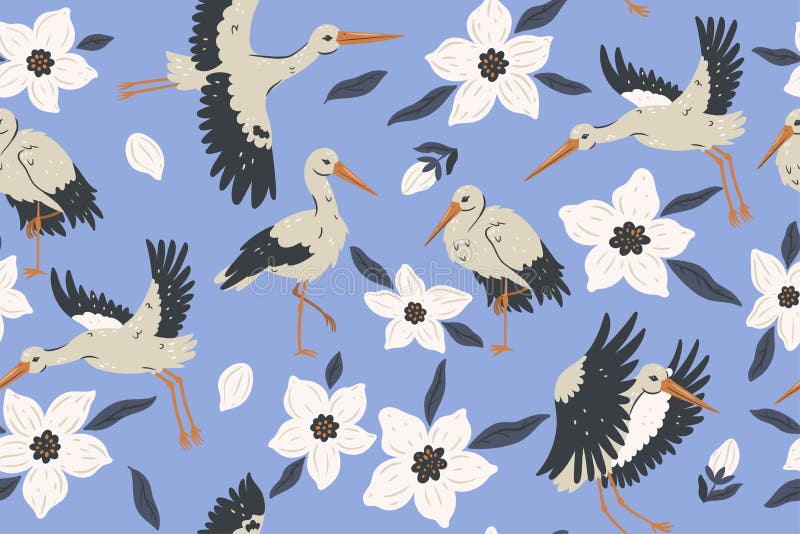 Blue Storks in a Seamless Pattern Design Stock Vector - Illustration of ...