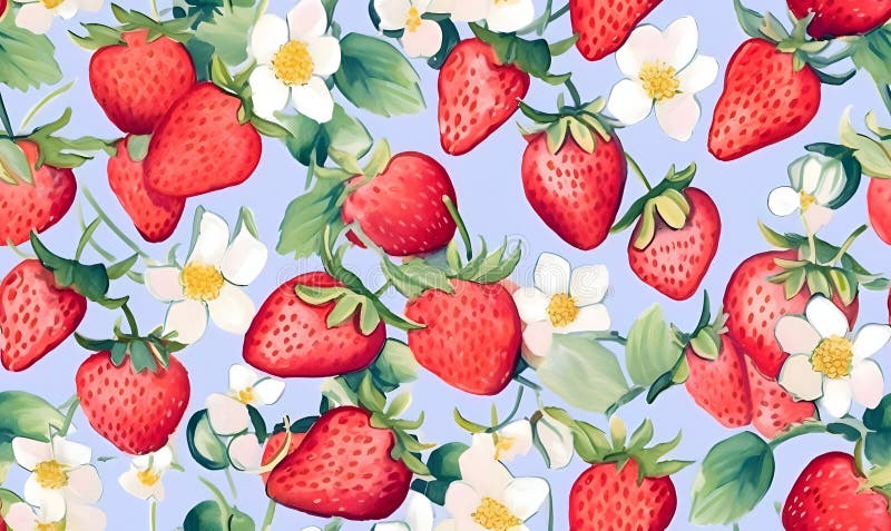 Seamless Pattern with Strawberries and Flowers on a Blue Background ...