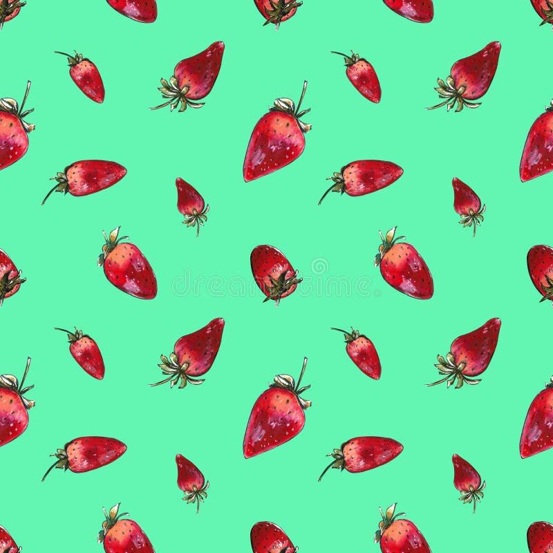Seamless Pattern with Strawberries on Green Background. Drawing Markers ...