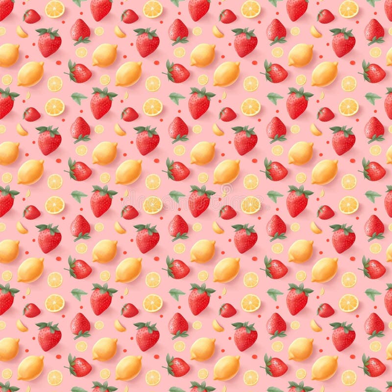 Seamless Pattern with Strawberries and Lemons on a Pastel Pink ...