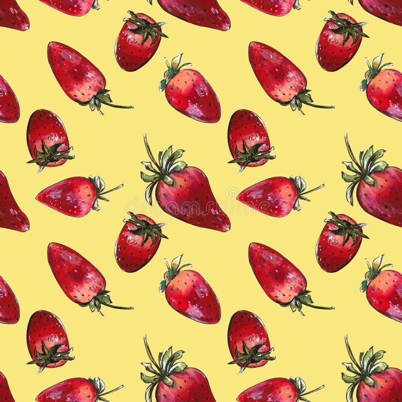 Seamless Pattern with Strawberries on Yellow Background. Drawing ...