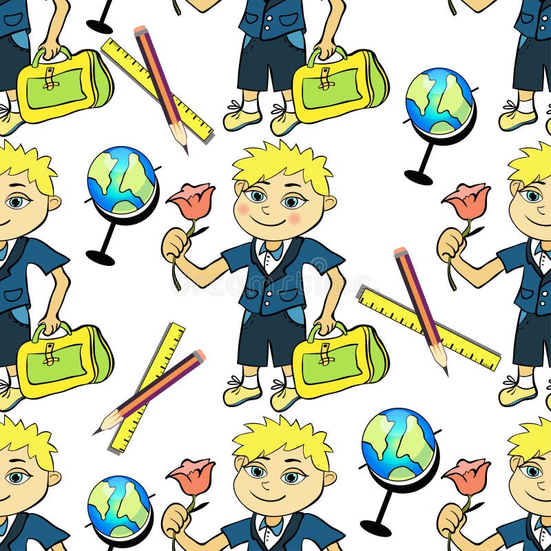 Seamless Pattern with a Student of the First Class Boy and Globe Stock ...