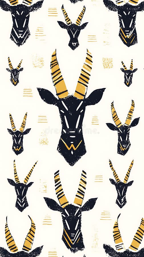 Seamless Pattern with Stylized Antelope Heads in Black and Gold Stock ...