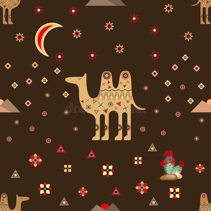 Seamless Pattern with Stylized Camels on a Night Background Stock ...